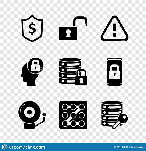 Set Shield With Dollar Open Padlock Exclamation Mark In Triangle