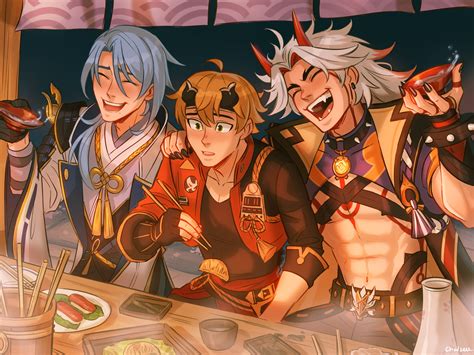 Kamisato Ayato Arataki Itto And Thoma Genshin Impact Drawn By