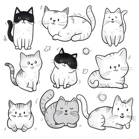 Premium Photo Set Outline Cartoon Doodle Hand Drawn Cats Cute Pet