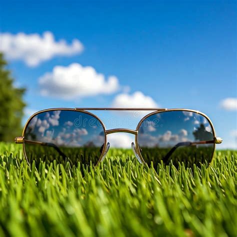 Sunglass On The Green Field With Blue Sky Reflection In The Lens Stock