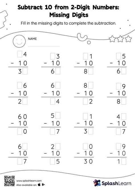 subtract 10 from 2 digit numbers missing digits math worksheets