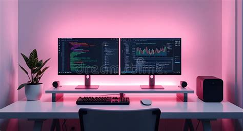 Modern Workstation With Dual Monitors Displaying Code And Data Analytics Stock Illustration