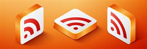 オレンジ色の背景に分離された等角投影 Rss アイコン無線信号rss フィード シンボルオレンジ色の四角いボタンベクトル Rssのベクター