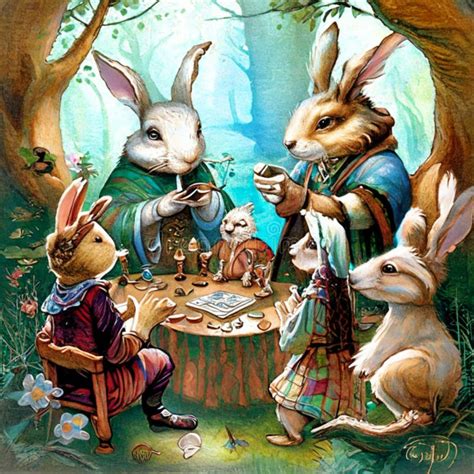Rabbits Playing Cards On A Wooden Table Hand Drawing Ai Generated