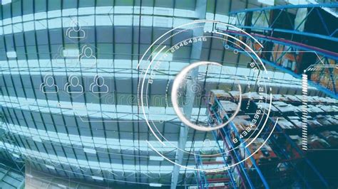 Animation Of Scope Scanning And Data Processing Over Warehouse Stock Footage Video Of