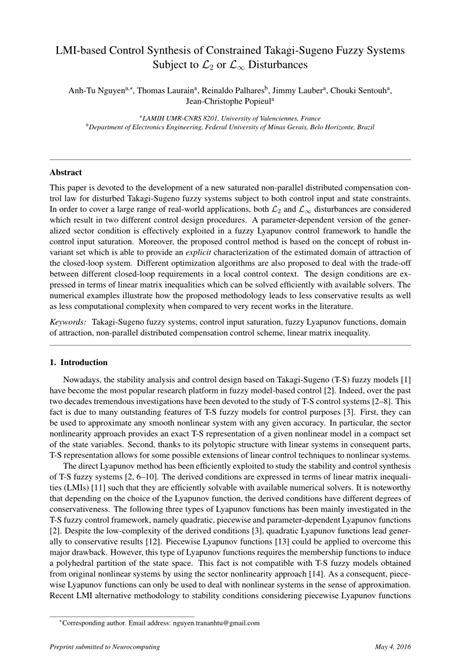 Pdf Lmi Based Control Synthesis Of Constrained Takagi Sugeno Fuzzy