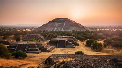 Beautiful Mayan Pyramid Complex At Sunset With Dramatic Sky Stock