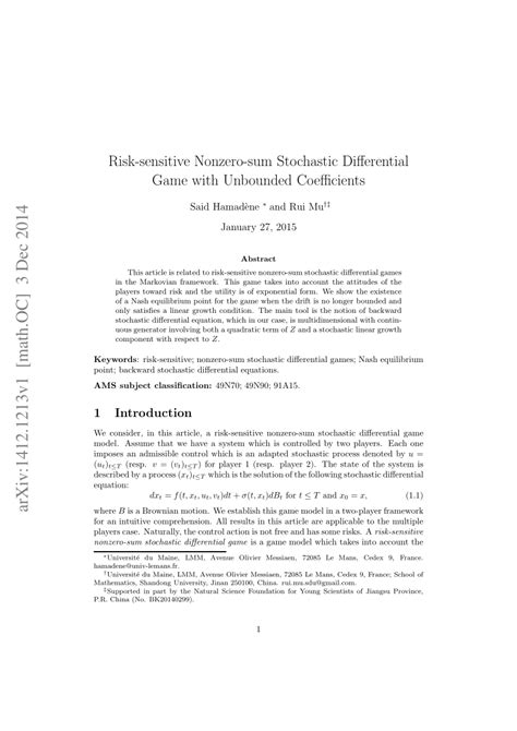 Pdf Risk Sensitive Nonzero Sum Stochastic Differential Game With