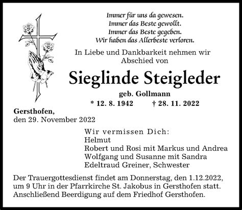 Traueranzeigen Von Sieglinde Steigleder Augsburger Allgemeine Zeitung