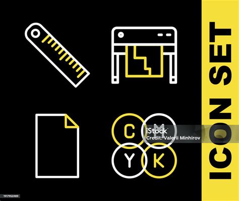 선 플로터 Cmyk 색상 혼합 빈 문서 및 눈금자 아이콘을 설정합니다 벡터 Cmyk에 대한 스톡 벡터 아트 및 기타 이미지