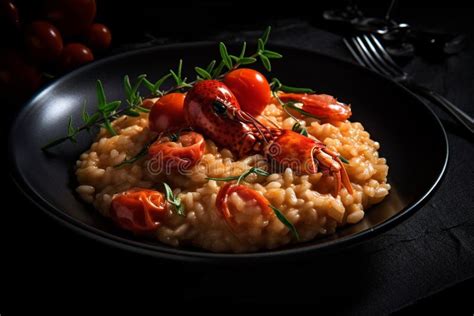 Lobster Risotto With Roasted Cherry Tomatoes On A Black Plate