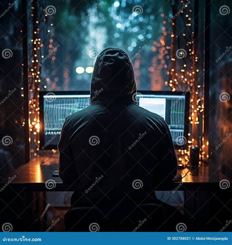 Anonymous Hacker With A Hood Full Rear View Coding Stock Illustration
