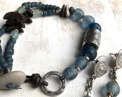 Ethnic Boho Bracelet Set Blue Indonesian Lamp Work Elephant Jewelry