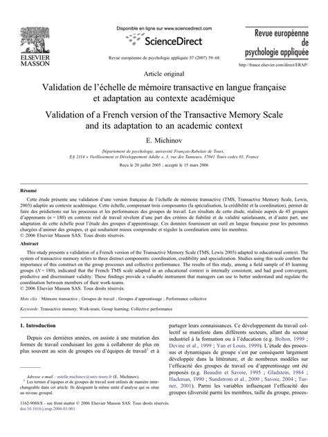 Pdf Validation De Léchelle De Mémoire Transactive En Langue Française Et Adaptation Au
