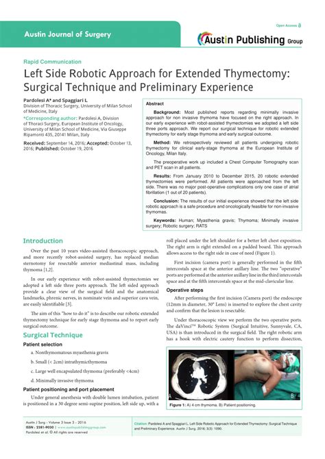 Pdf Left Side Robotic Approach For Extended Thymectomy Surgical Technique And Preliminary