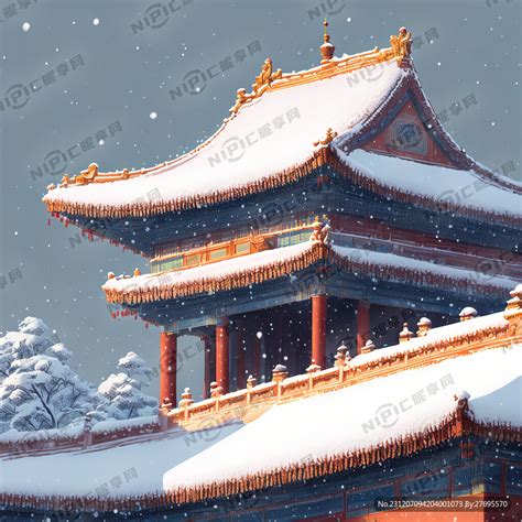 Ai创作图故宫的房顶 屋檐上被大雪覆盖。 昵图网