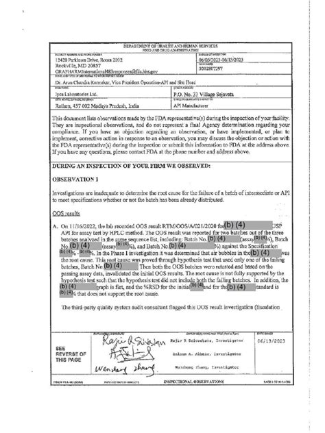 Fda Inspection Observations Report Pdf Science Chemistry