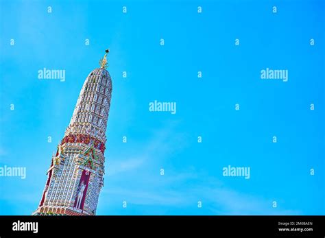 The Upper Part Of White Corner Prang Of Wat Arun Complex With Colorful