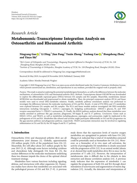 Pdf Metabonomic Transcriptome Integration Analysis On Osteoarthritis