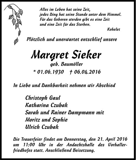 Traueranzeigen Von Margret Sieker Trauer In Nrw De