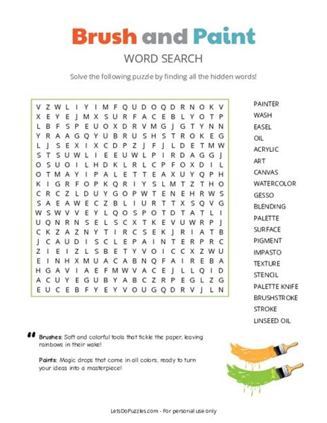 Free Printable Brush And Paint Word Search