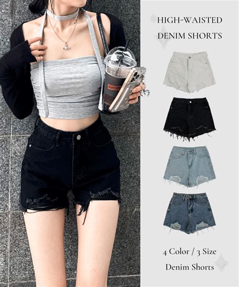 허리쏙핏보장🖤 밑단 데미지 하이웨스트 데님 숏팬츠 청반바지 4color 에이블리