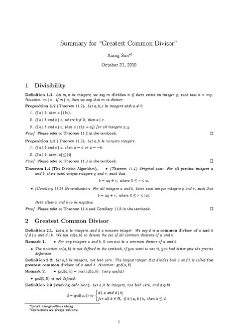 Gcd None Summary For Greatest Common Divisor Xiang Sun October 31 2010 1 Divisibility