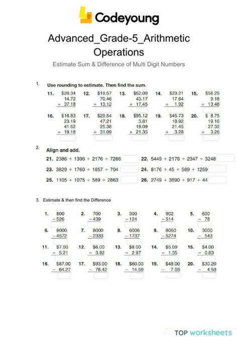 advanced estimate sum of multi digit numbers interactive worksheet