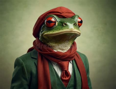 Anthropomorphic Green Frog Dressed In A Suit And Red Tie Generative Ai