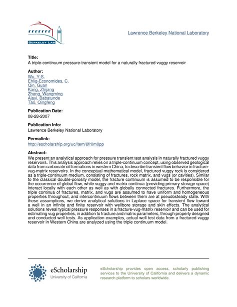 Pdf A Triple Continuum Pressure Transient Model For A Naturally Fractured Vuggy Reservoir