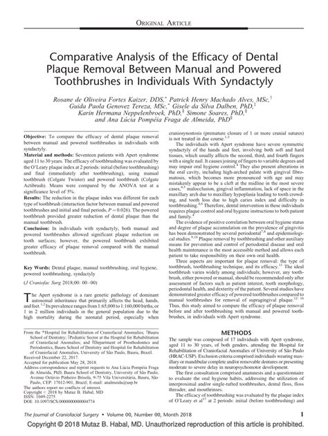 Pdf Comparative Analysis Of The Efficacy Of Dental Plaque Removal Between Manual And Powered