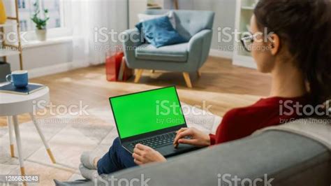 집에서 젊은 여자는 녹색 모형 화면노트북 컴퓨터에서 작동합니다 그녀는 아늑한 거실에 있는 소파에 앉아 있습니다 숄더 샷 위에 노트북에 대한 스톡 사진 및 기타 이미지