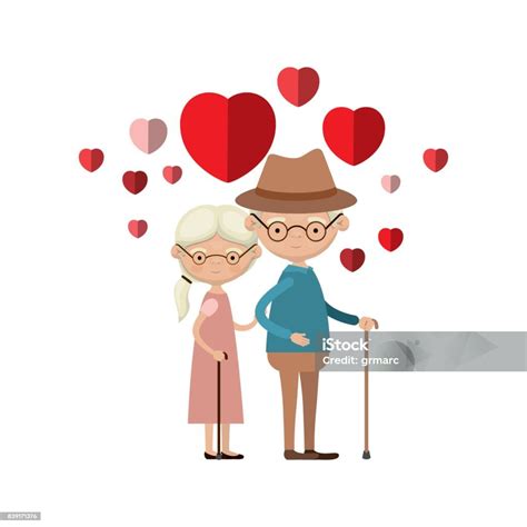 지팡이에 모자와 부동 마음 할아버지와 할머니 사이드 포니 테일 머리와 안경 포용 화려한 풍자 만화 전신 노인 부부 2명에 대한 스톡 벡터 아트 및 기타 이미지 Istock