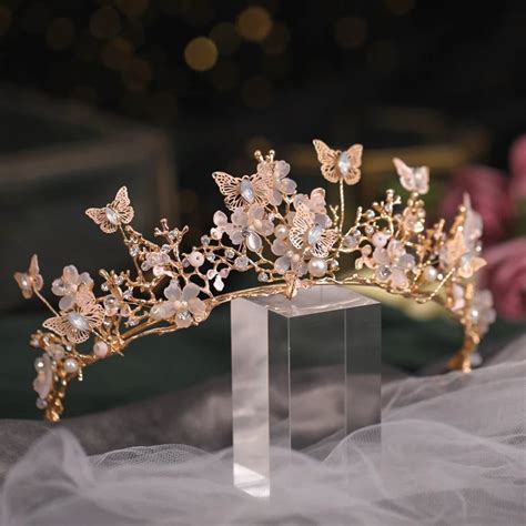 Rose Gold Butterfly Tiara Baroque Luxury Rose Gold Crystal Beads Crown Bridal Wedding Pink