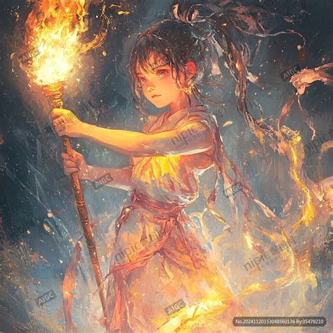 Ai创作图仙女棒插画 圣火少女 放烟花的少女 提灯女神 火雷娘娘 火焰拟人形象 哪吒出世 神仙棒 祝融播火 火焰传说 火焰拟人 二次元插画 二