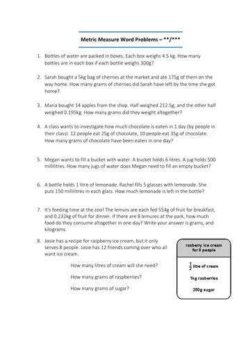 Metric Measure Word Problems Teaching Resources