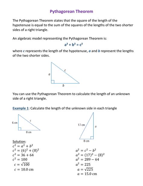 Measurement Pythagorean Theorem Student Worksheet With Answers