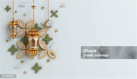 랜턴 초승달 만화 스타일 라마단 카림 마울리드 이프타르 이스라 미라지 이드 알 피트르 아다 무하람 복사 공간 텍스트 영역 3d 그림이 있는 이슬람 장식 배경 라마단에 대한