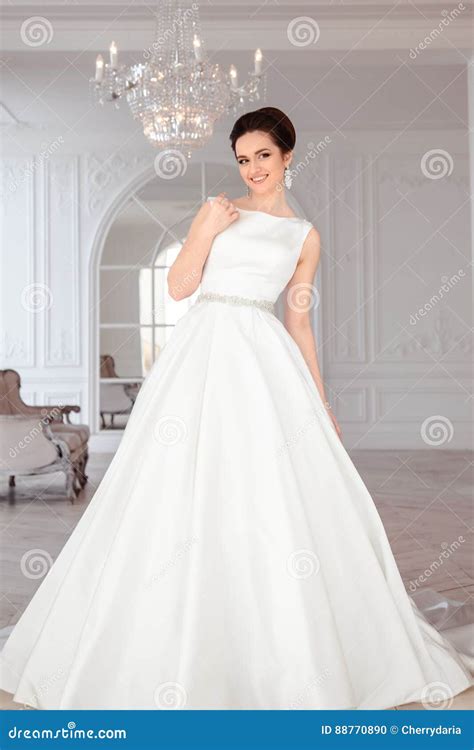 Portrait Of Beautiful Brunette Bride With Elegant Hairstyle And Makeup