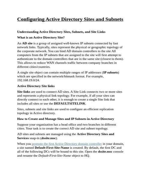 Configuring Active Directory Sites And Subnets Pdf Active Directory