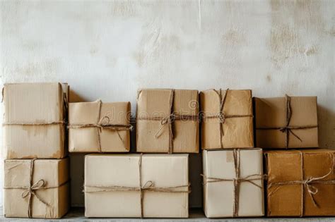 Close Up View Of Neatly Stacked Cardboard Boxes Tied With Twine In A