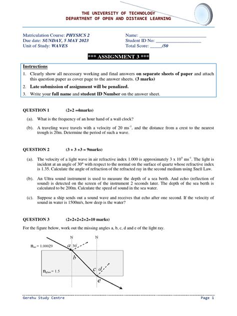 Physics 2 Waves Assignment Pdf Refraction Waves