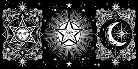 Explore Celestial Art With Sun Star And Moon Motifs In Black And White Designs Stock Image