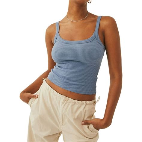 Sunwanar Womens Ribbed Camisole Thick Strap Low Cut Tight Slim Fitted