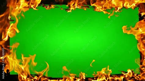 Burning Frame On Green Screen Background Fire Border Effect Abstract