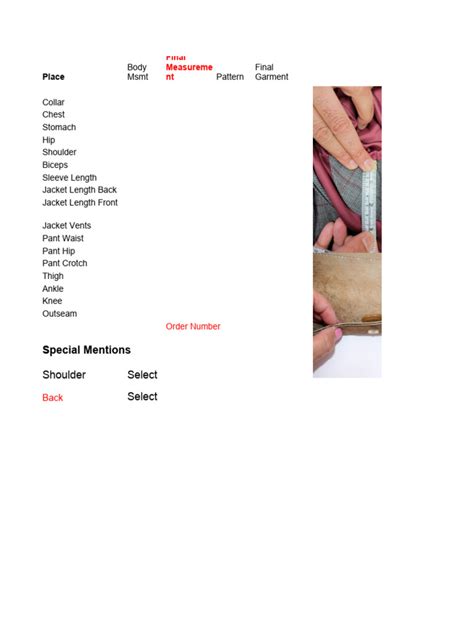 Suit Standard Order Template Pdf Seam Sewing Trousers