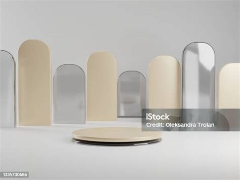 추상유리 인테리어가 돋보이면 황금 연단의 3d 렌더링 제품에 대한 배경 표시 황금 부상 단계 화장품에 대한 빈 빈 모형 1위에