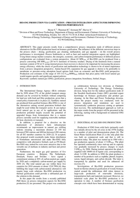 Pdf Bio Sng Production Via Gasification Process Integration Aspects