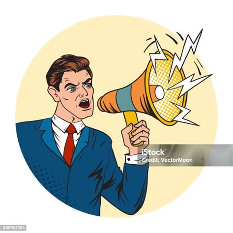 확성기 팝 아트 스타일 벡터 일러스트 레이 션 인간의 그림 만화도 서 스타일 모방 사업 개념에 대한 스톡 벡터 아트 및 기타 이미지 개념 기업 재무와 산업 남자