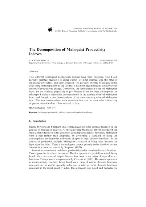 Pdf The Decomposition Of Malmquist Productivity Indexes Special Issue On Efficiency Analysis